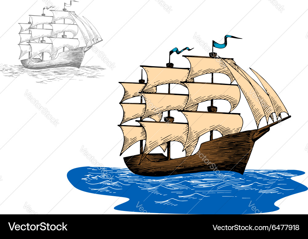 Old sailing ship in calm blue ocean Royalty Free Vector