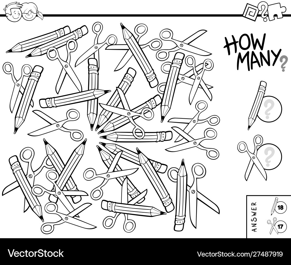Counting pencils and scissors educational task Vector Image