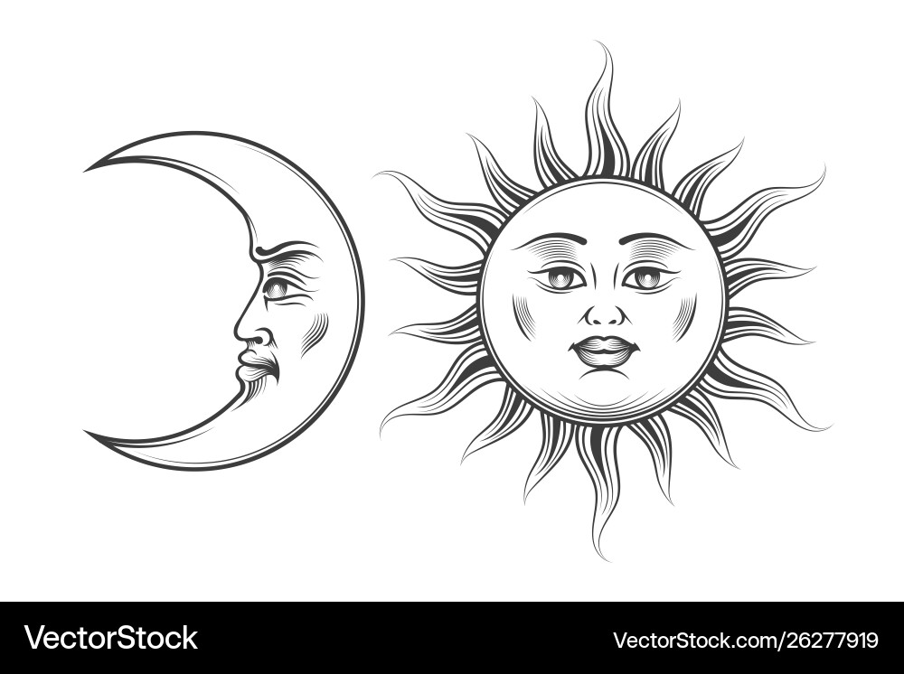 Hand drawn art sun and crescent moon engraving Vector Image