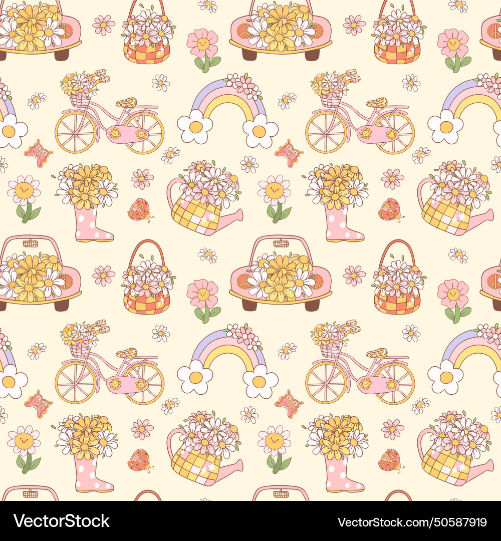 Retro groovy spring doodle seamless pattern Vector Image