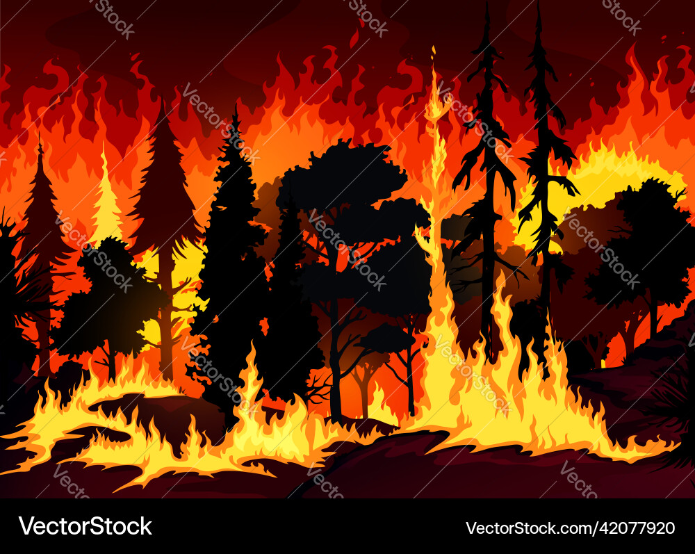 Forest wildfire disaster with burning trees Vector Image