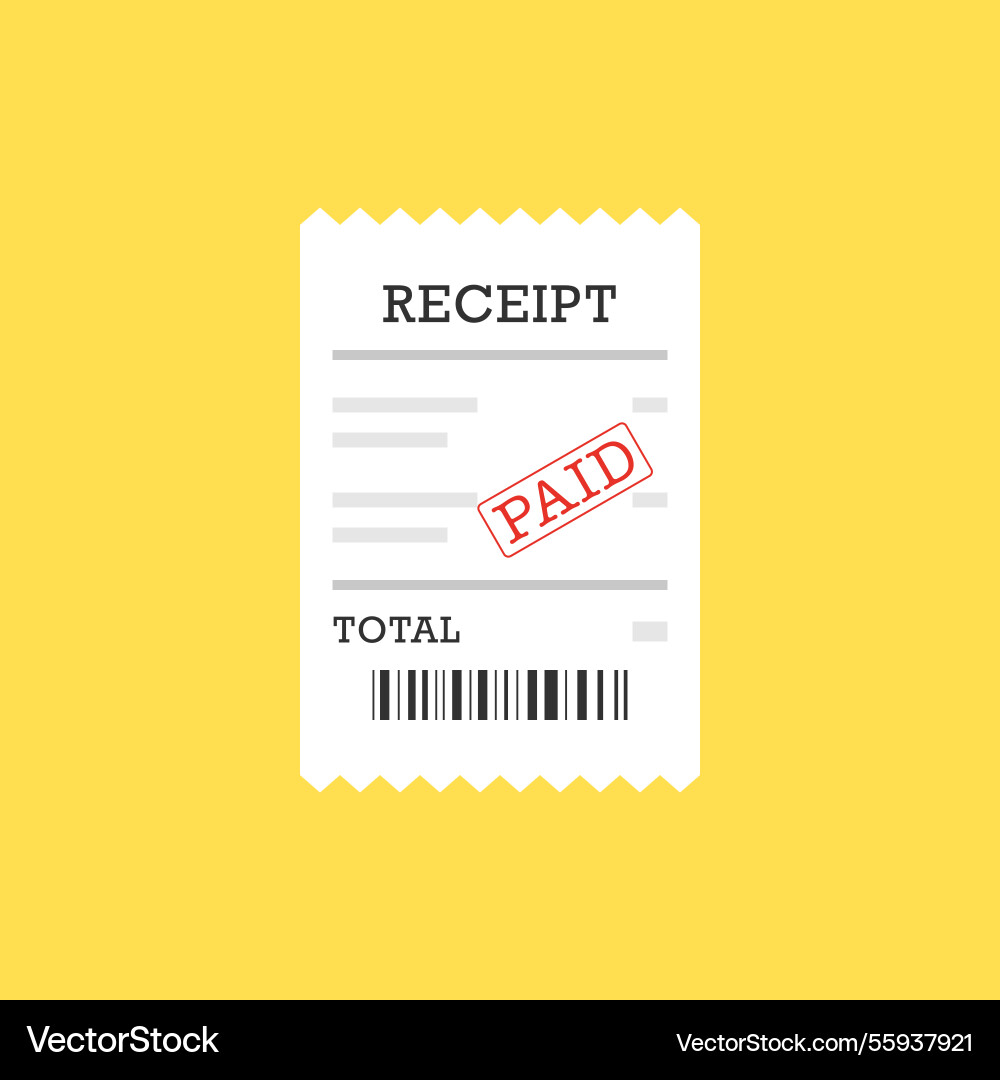 Paid receipt with barcode and red stamp on yellow Vector Image