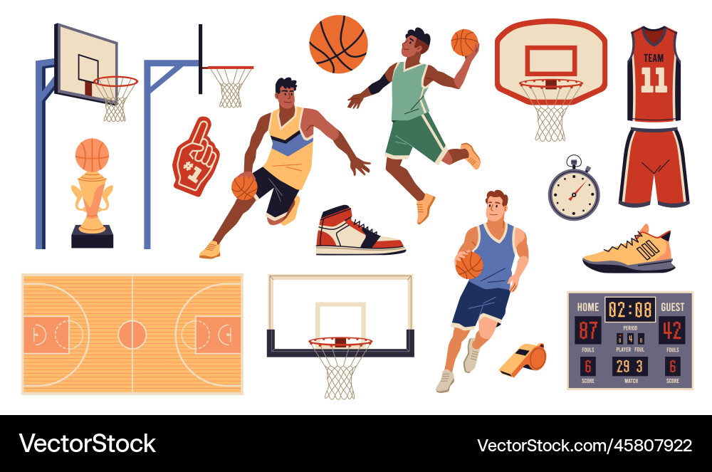 Basketball elements cartoon sport objects Vector Image