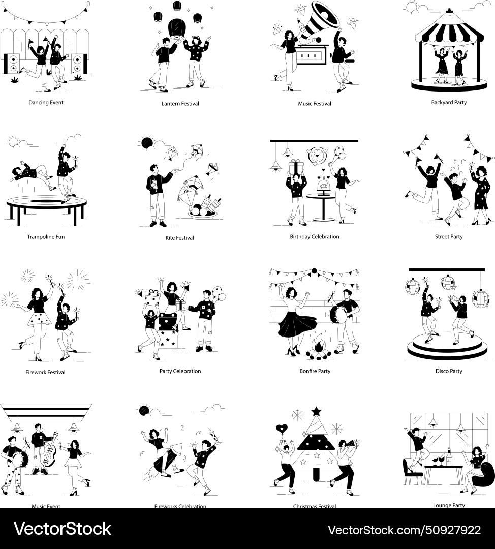 Collection of event celebrations linear Royalty Free Vector