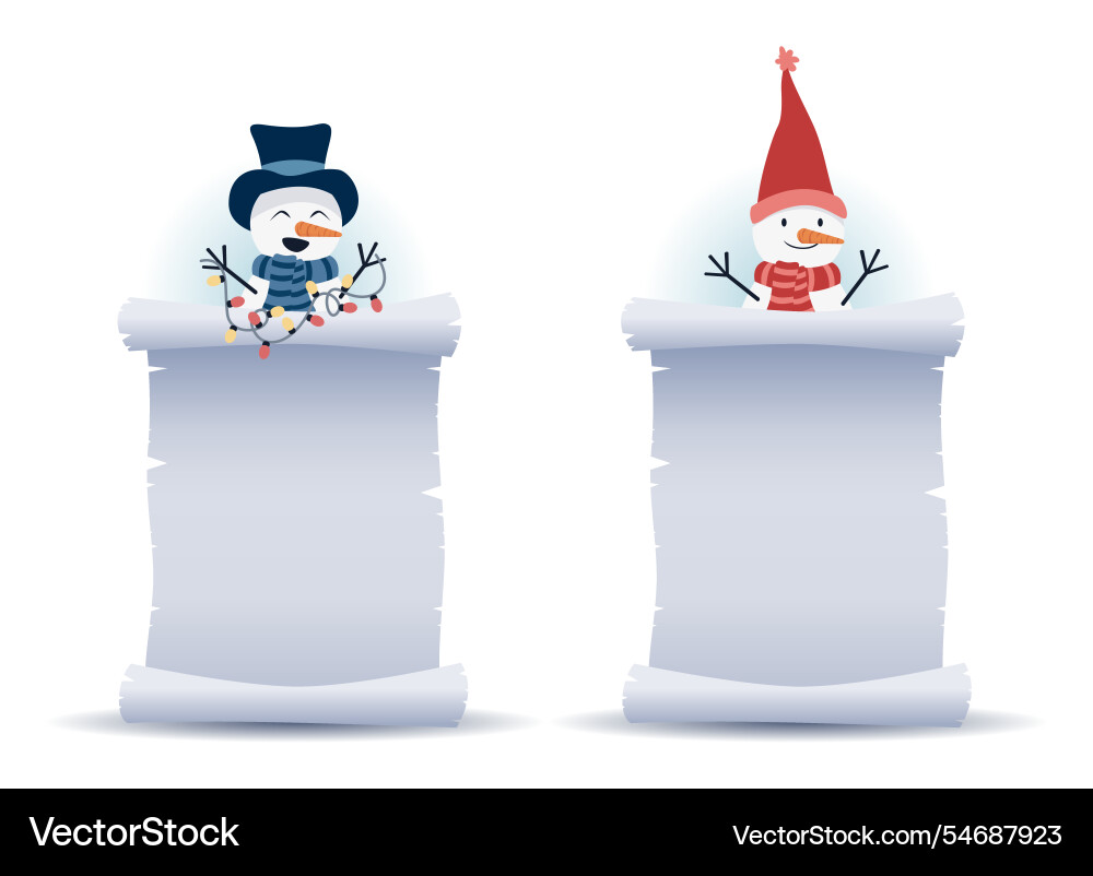 Funny snowman with parchment character greeting Vector Image