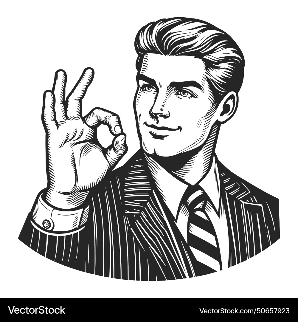 Retro man giving ok sign sketch Royalty Free Vector Image