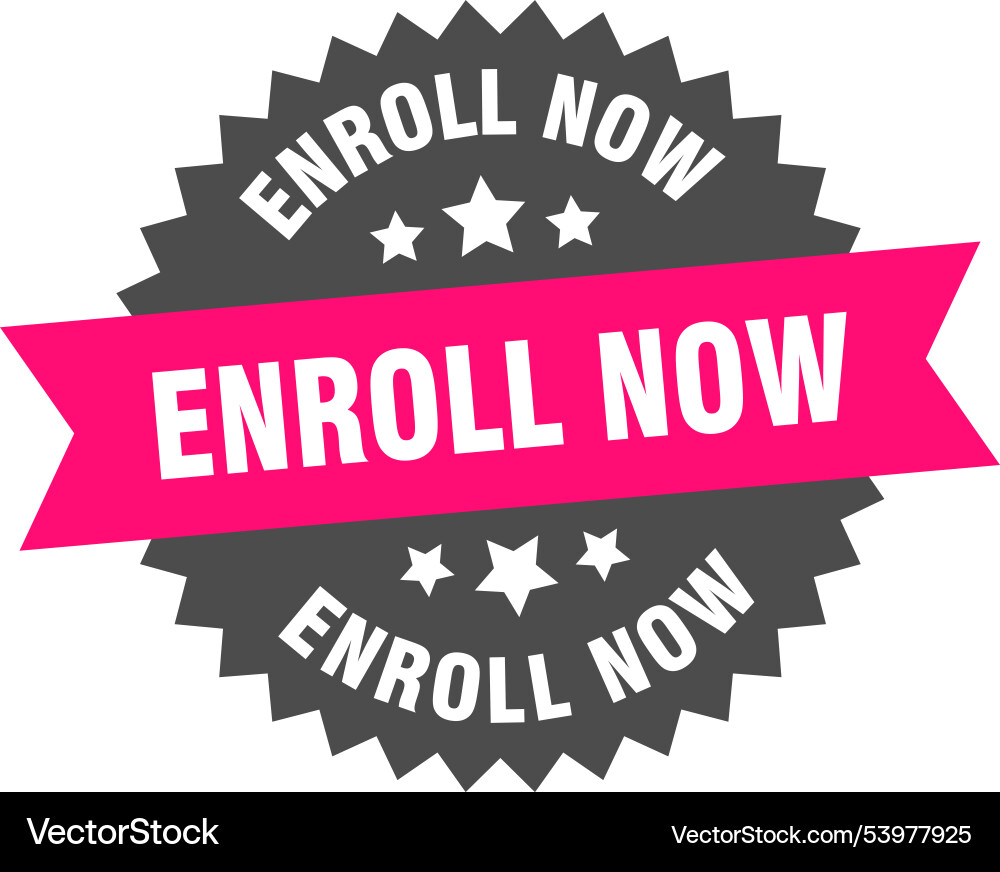 Enroll now round pink label isolated Royalty Free Vector