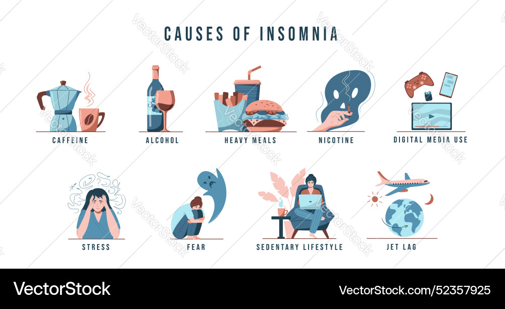Insomnia causes big set reasons Royalty Free Vector Image