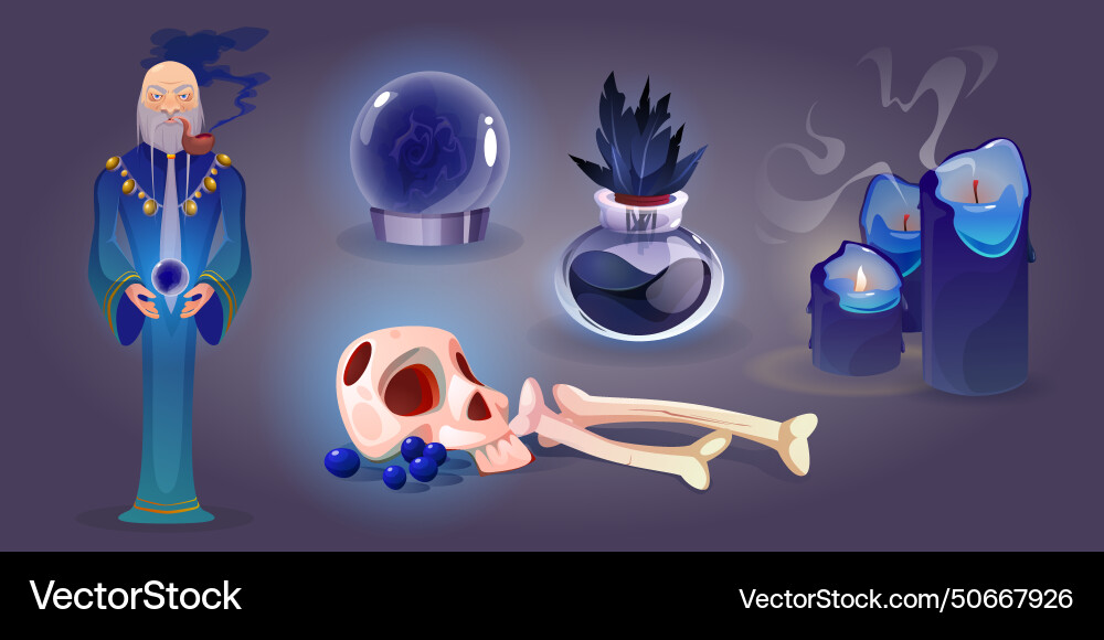 Wizard with long grey beard and staff for wizardry