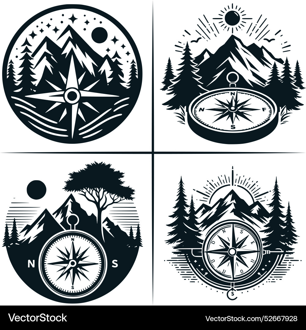 Compass with mountain scene silhouette file Vector Image