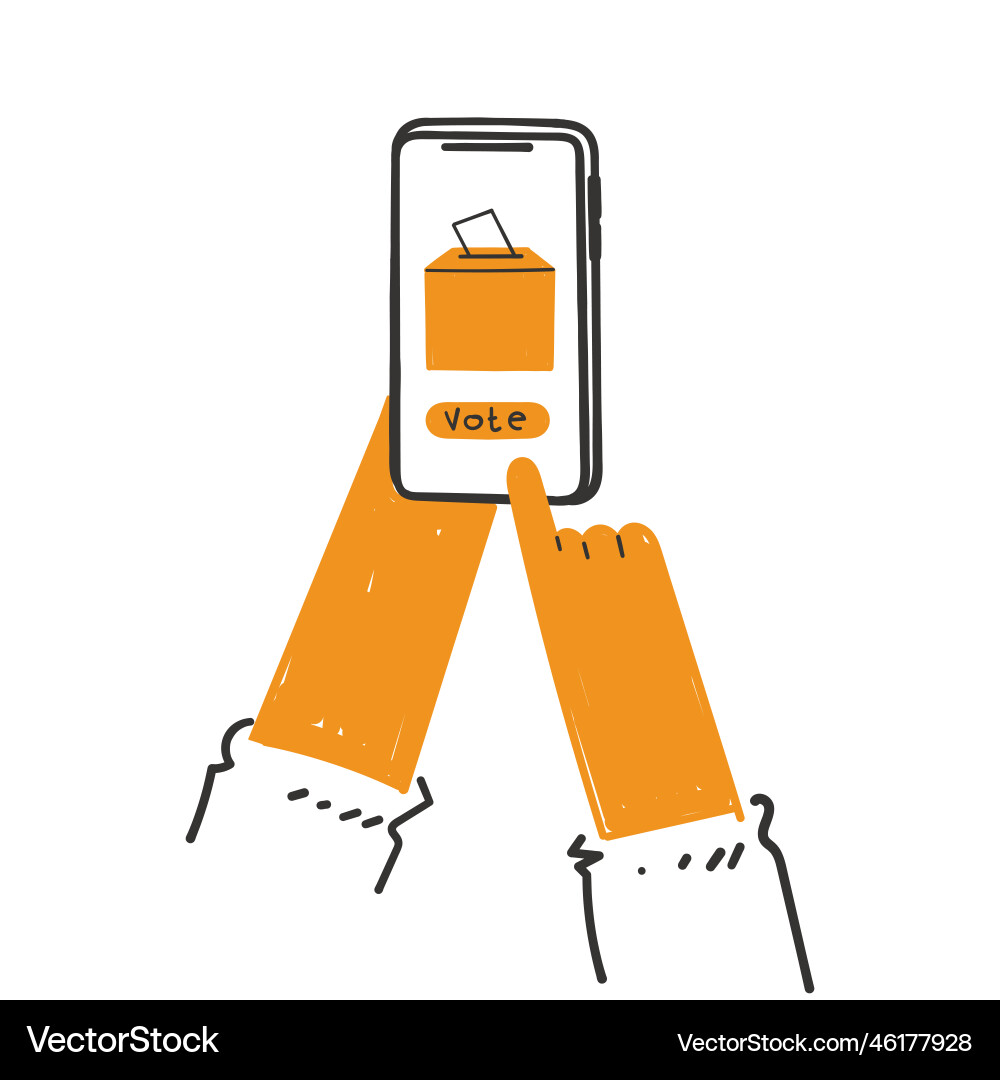 Hand drawn doodle holding mobile vote Royalty Free Vector