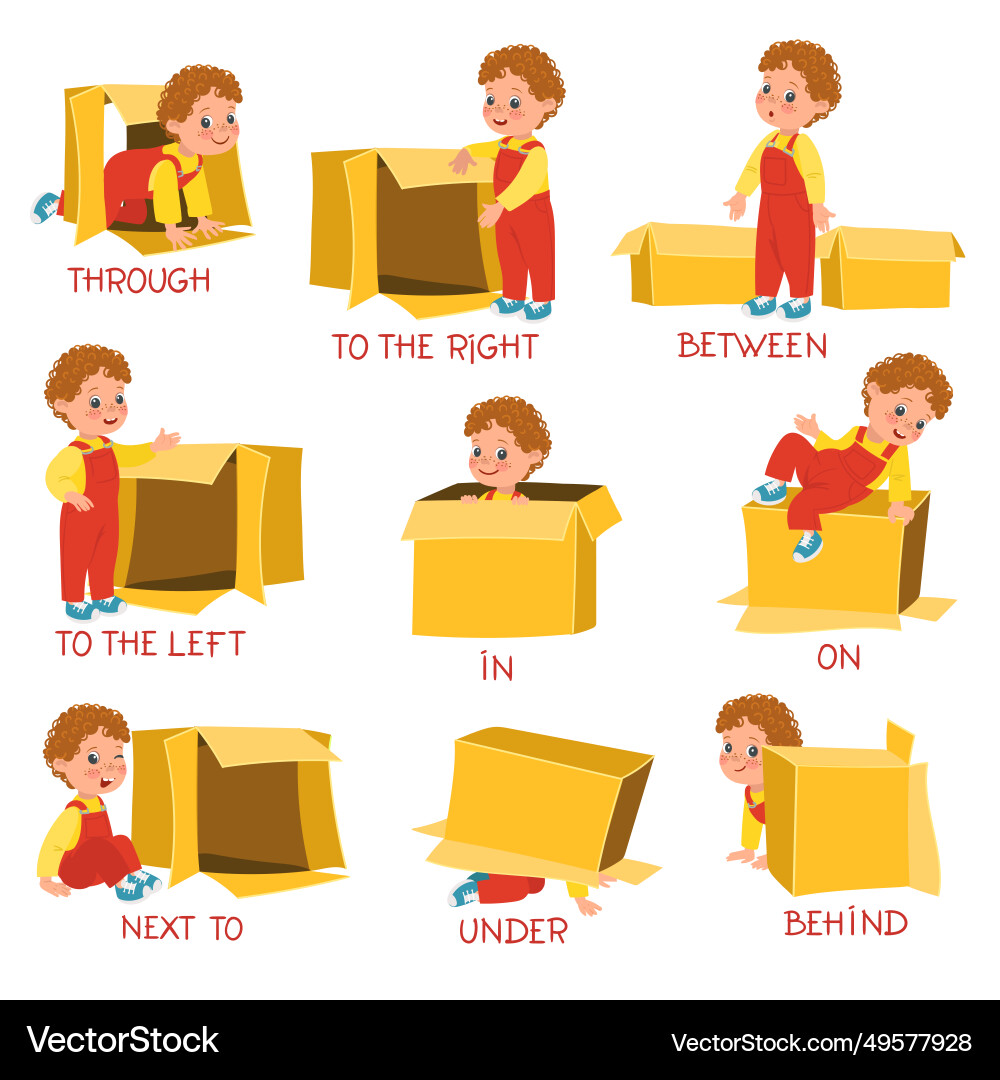 Learning prepositions with little boy visual Vector Image