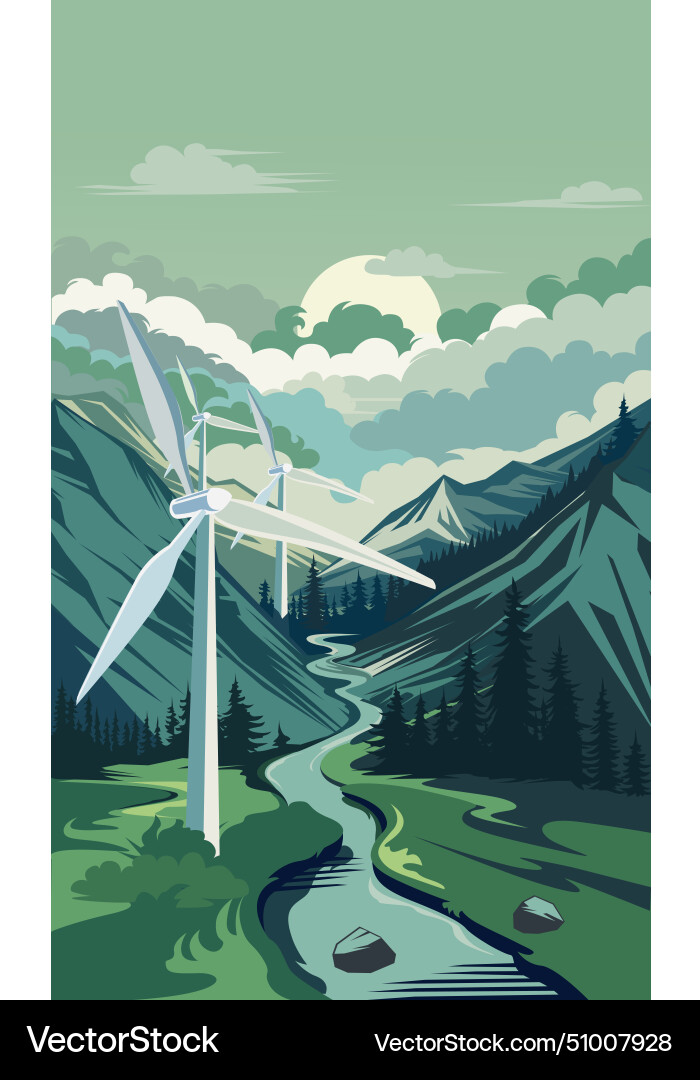 Wind turbines in a mountainous area with river Vector Image