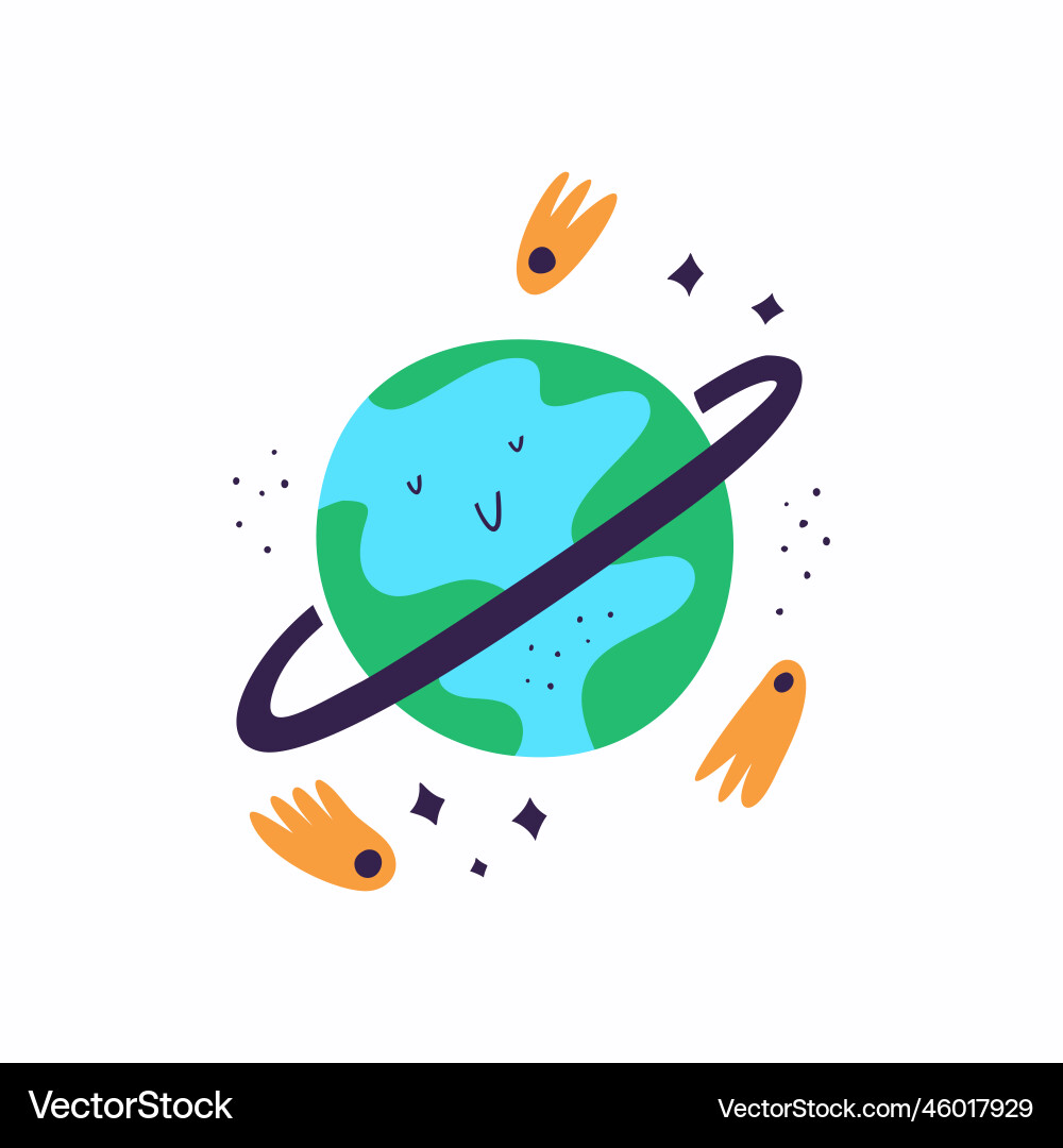 Smiling Planet with Rings & Comets Royalty Free Vector