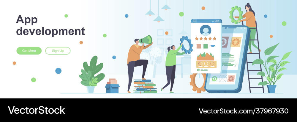 App development landing page with people mobile Vector Image