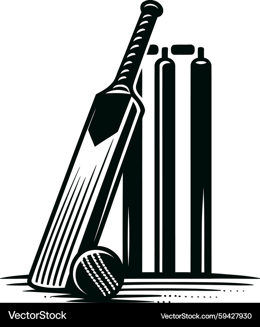 Cricket Equipment Icons - Black & White Vector Image