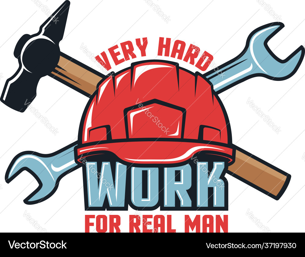 Work logo with hard hat and tools Royalty Free Vector Image