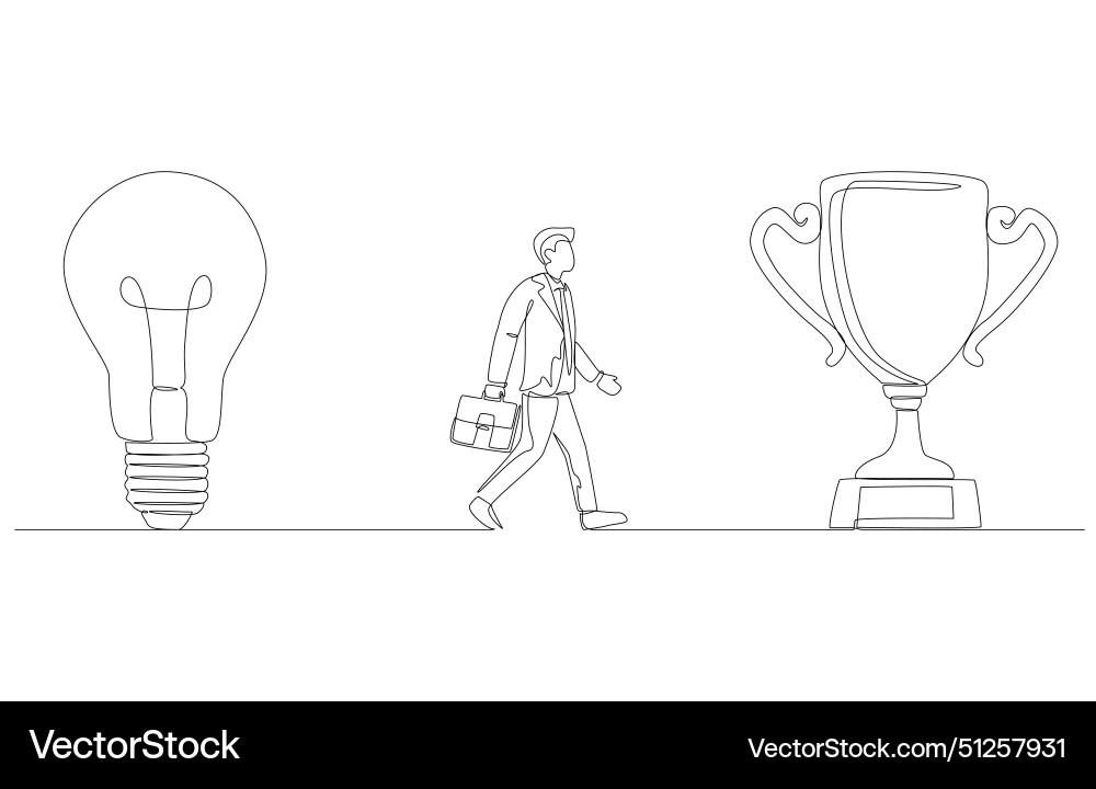 Businessman walking from light bulb to trophy Vector Image