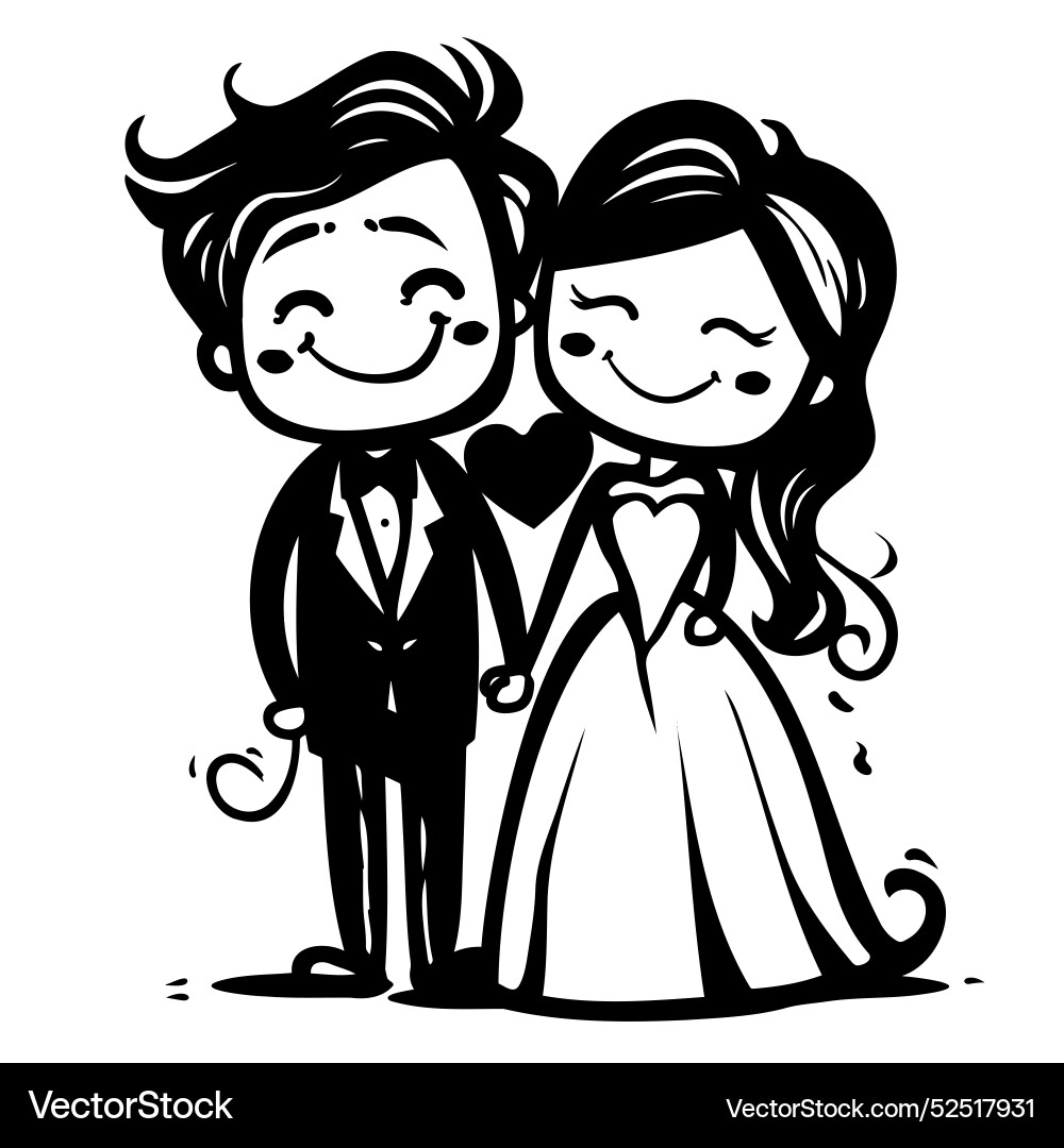 Happy Cartoon Bride And Groom With Heart Vector Image