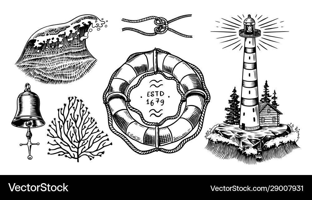 Nautical adventure set sea lighthouse marine Vector Image
