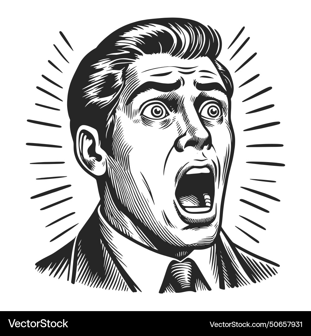 Shocked man expression retro art style Royalty Free Vector