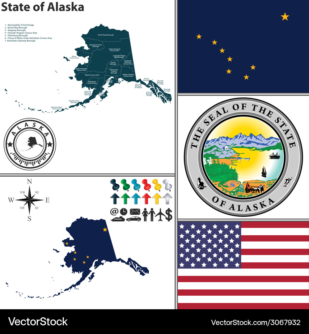 Alaska State Map with Seal Icon Royalty Free Vector Image