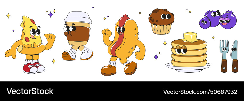 Food groovy cartoon character set Royalty Free Vector Image