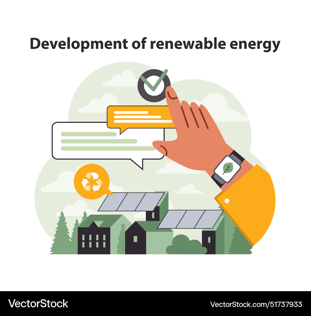 Hand points to dialogue on renewable energy Vector Image