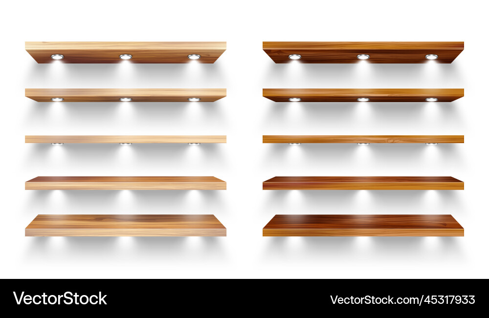 Realistic wooden store shelves with lighting Vector Image