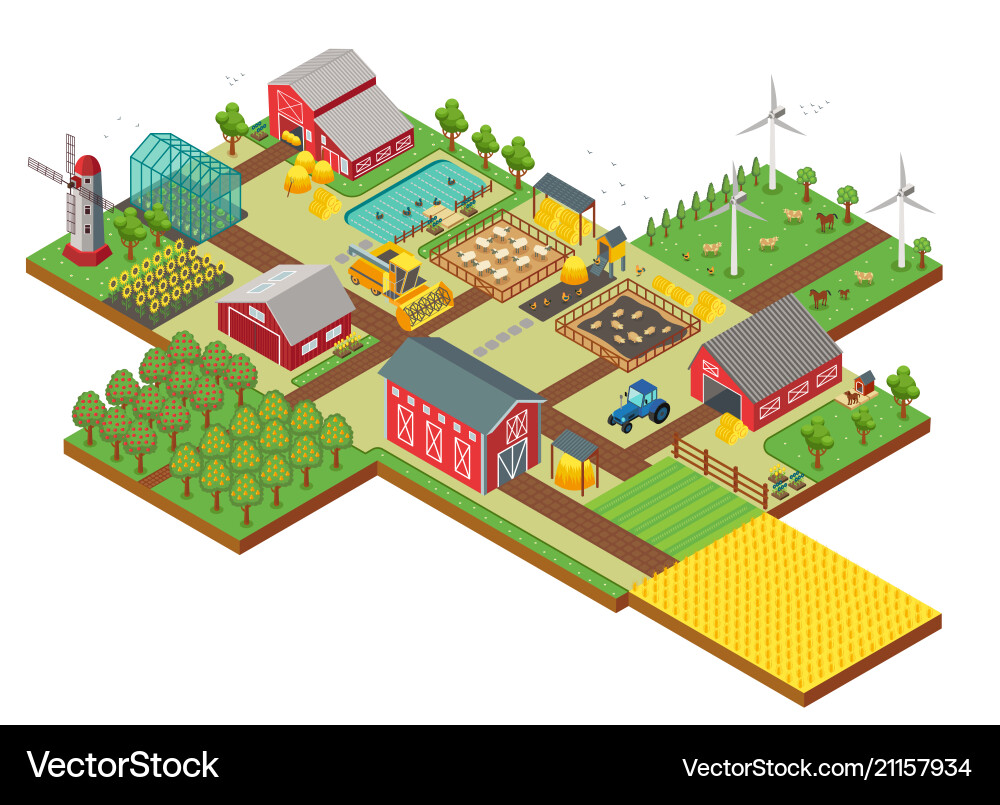 3d isometric rural farm with mill garden Vector Image