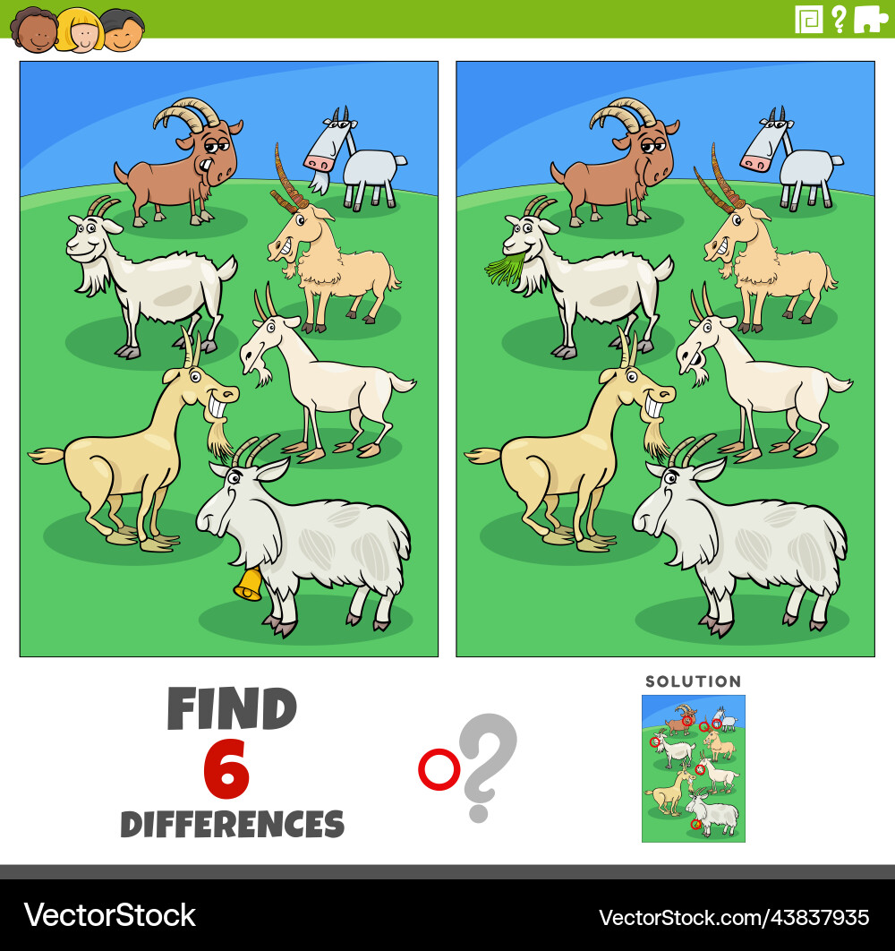 Differences game with cartoon goats farm animal Vector Image