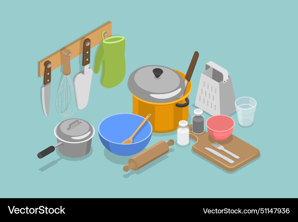 3d isometric flat set of cookware Royalty Free Vector Image