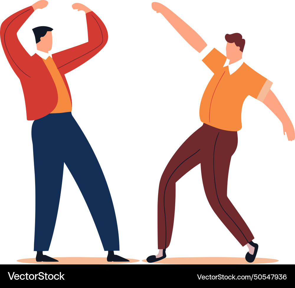 Two men dancing joyfully one in a red jacket Vector Image