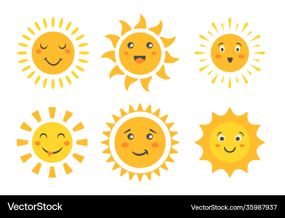 Cartoon sun emoticon characters collection sunny Vector Image