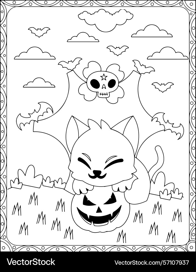 Cute halloween coloring page with cat pumpkin Vector Image