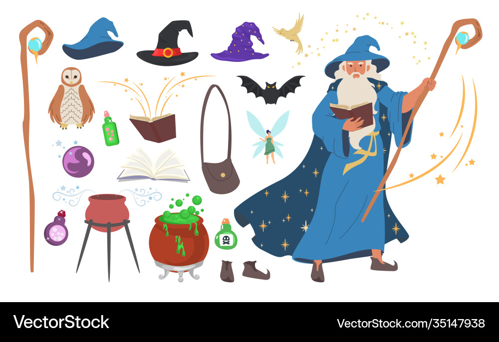 Wizard magician warlock witch tools set flat Vector Image