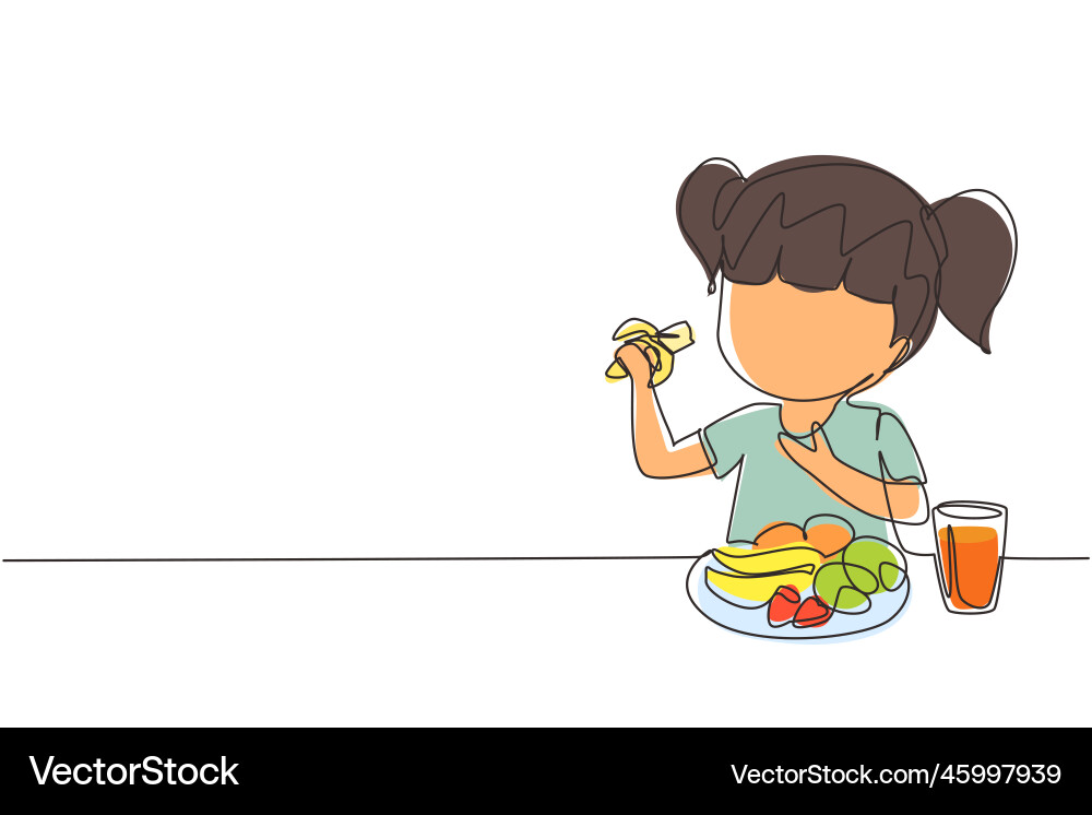 Single continuous line drawing girl eating fruit Vector Image