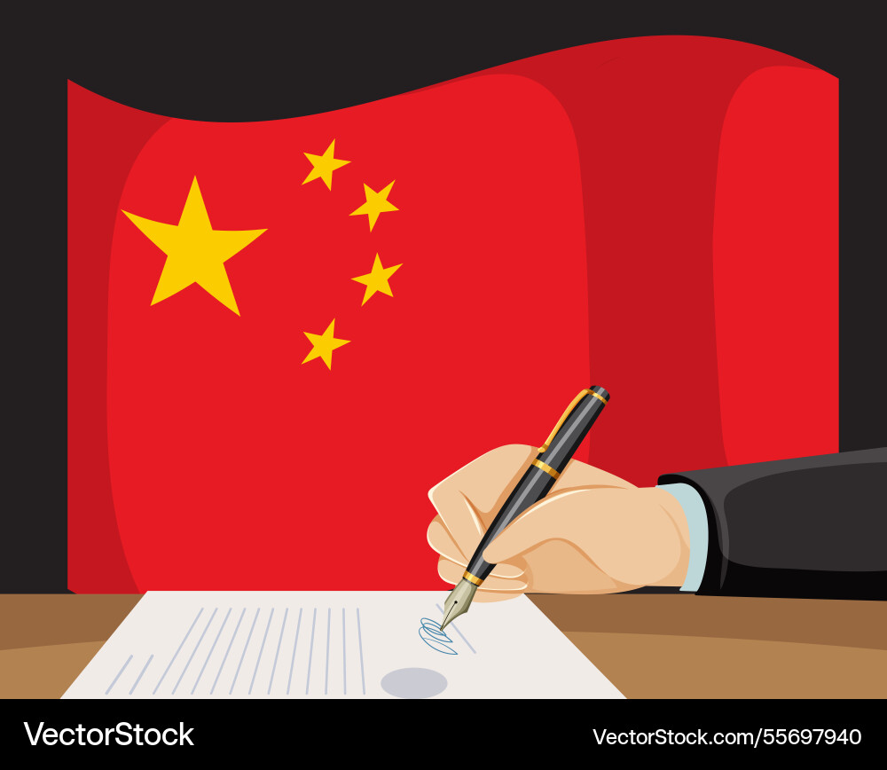 Hand signing document with chinese flag background