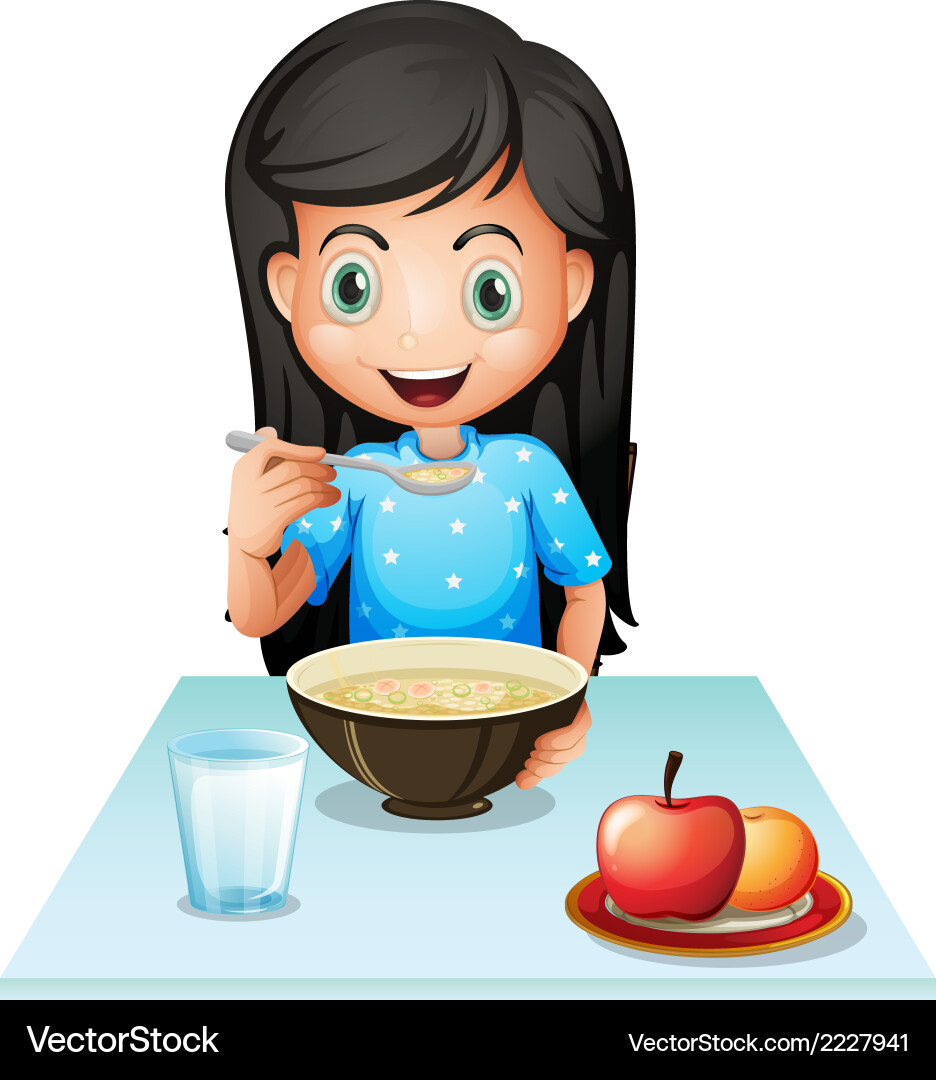 A smiling young lady eating breakfast Royalty Free Vector