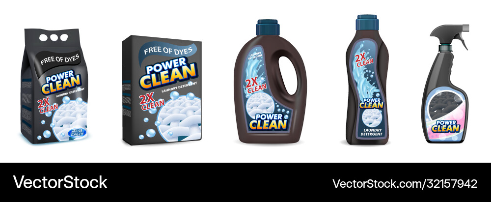 Black laundry detergent pack mockup set Royalty Free Vector