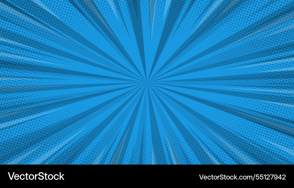 Blau Comic Hintergrund mit Strahlen und Halbton Punkte