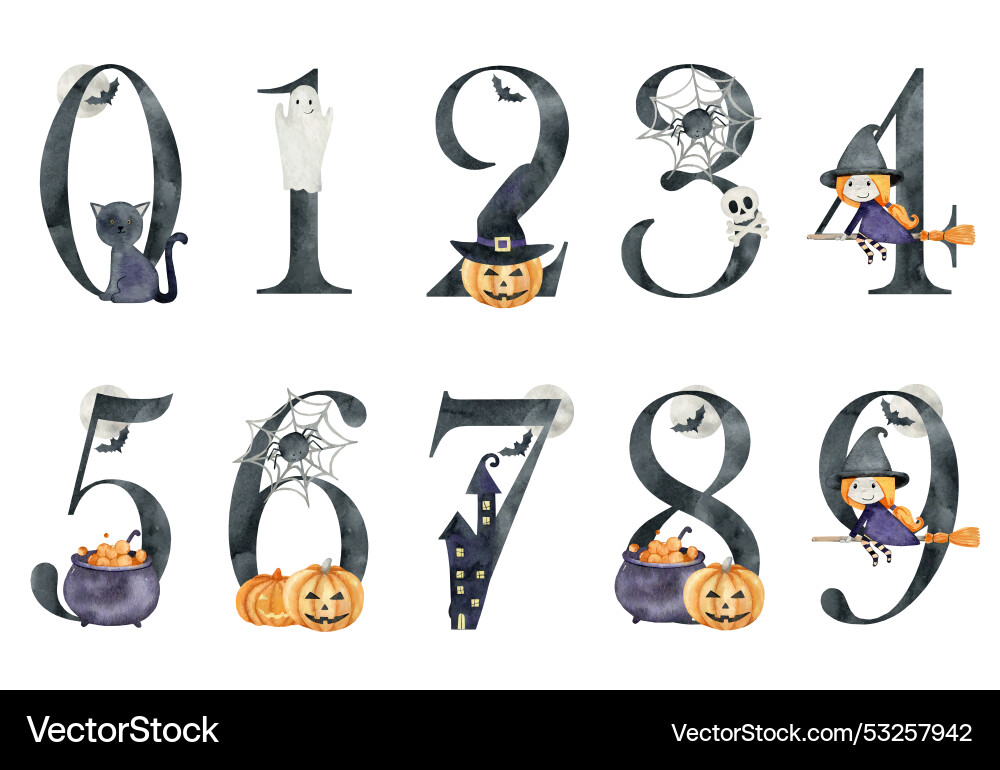 Watercolor halloween numbers Royalty Free Vector Image