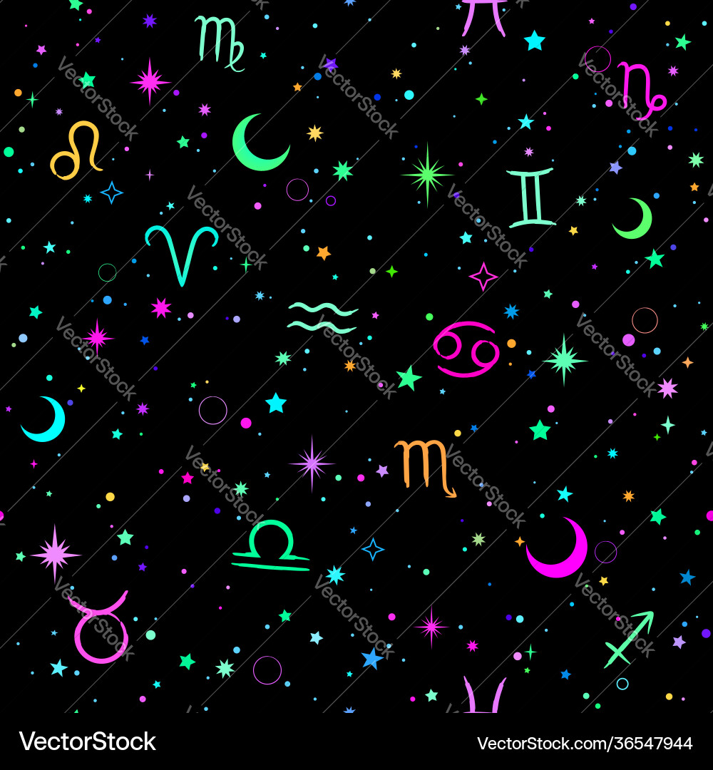 Space pattern bright stars and zodiac signs Vector Image