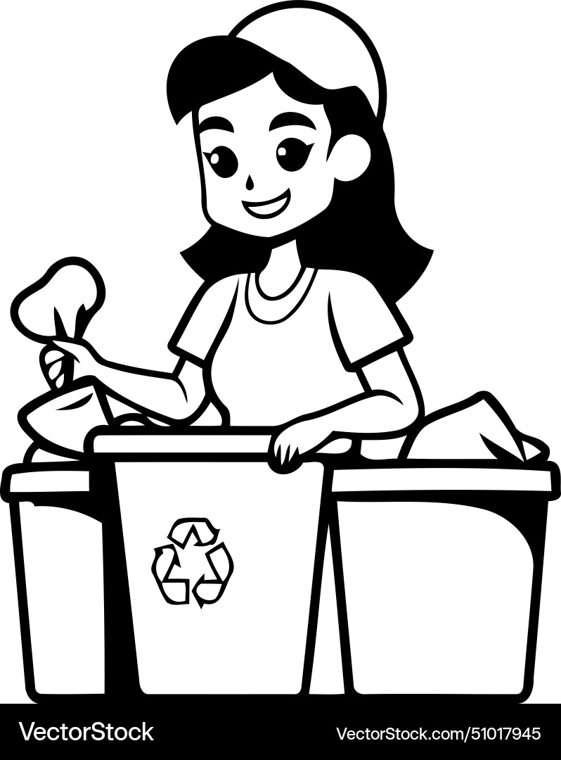 Girl throwing garbage in trash bin cartoon Vector Image