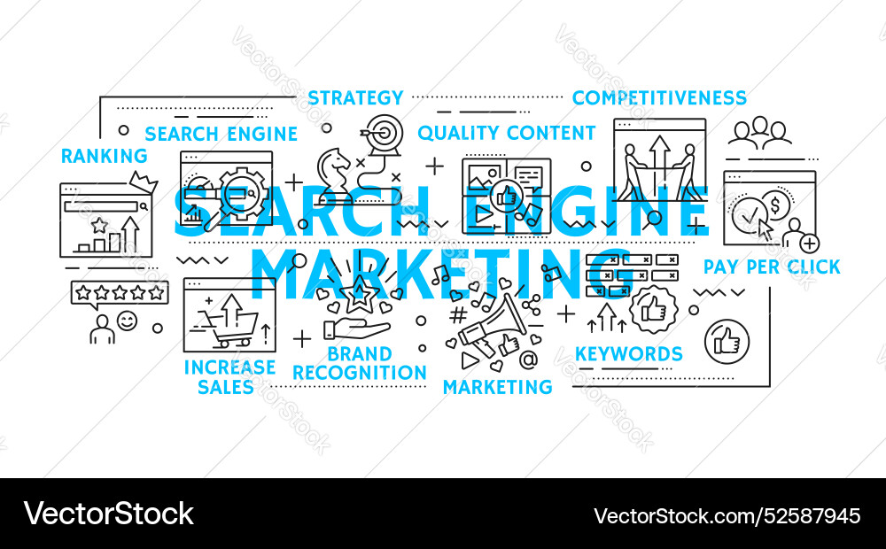 Sem search engine marketing line banner Royalty Free Vector