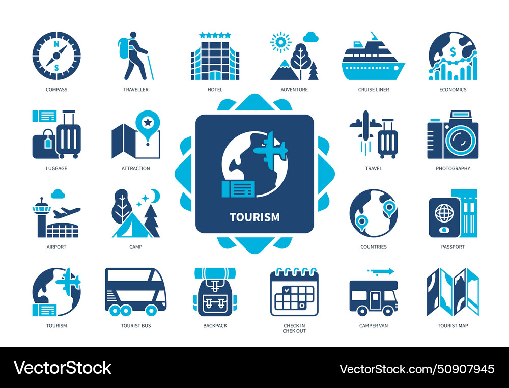 Tourism solid icon set Royalty Free Vector Image