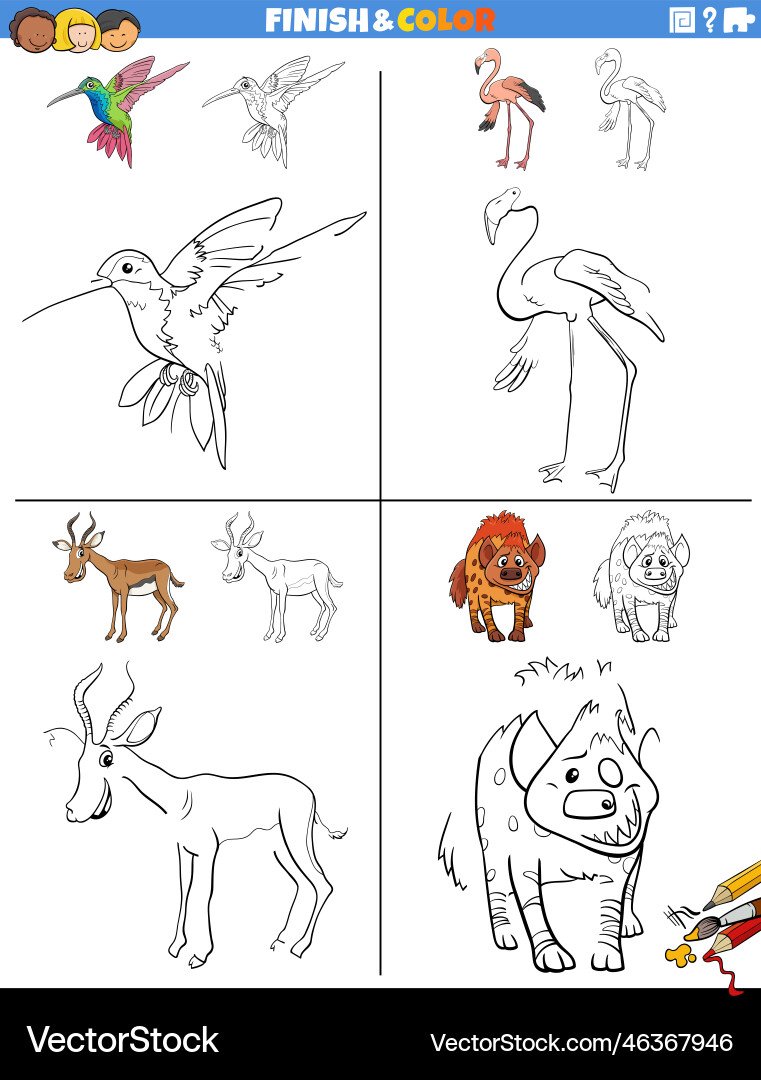 Drawing and coloring worksheets set with wild Vector Image