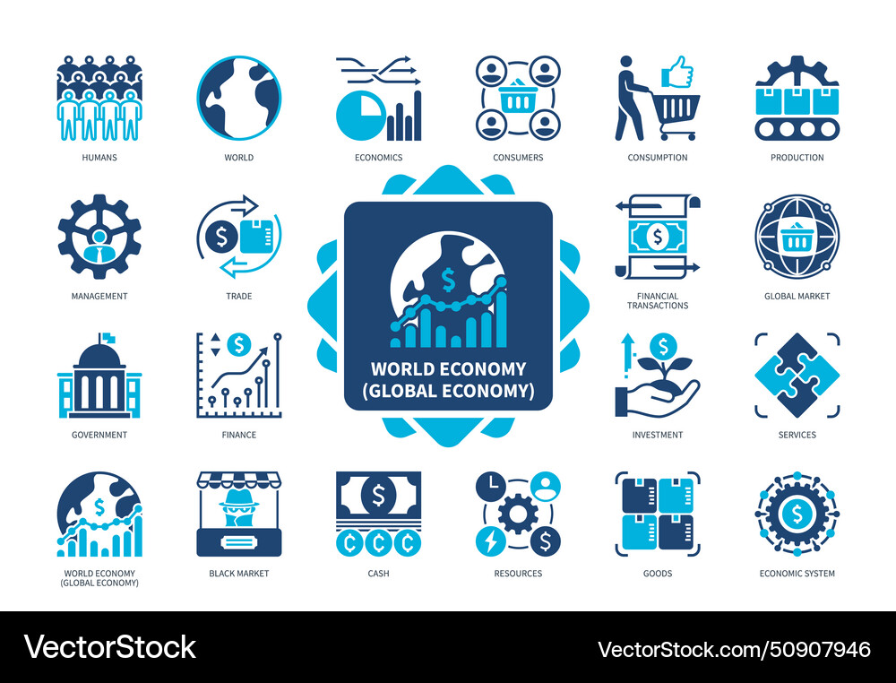 World economy solid icon set Royalty Free Vector Image