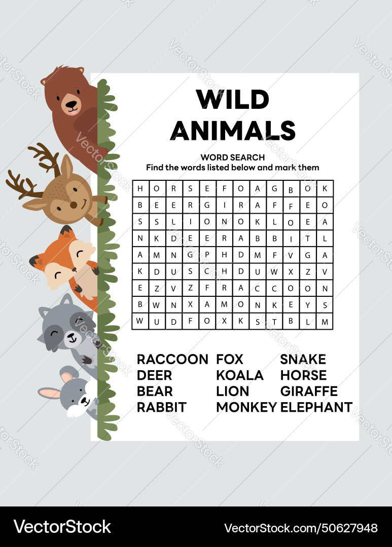 Animal Word Search Puzzle - Printable Royalty Free Vector