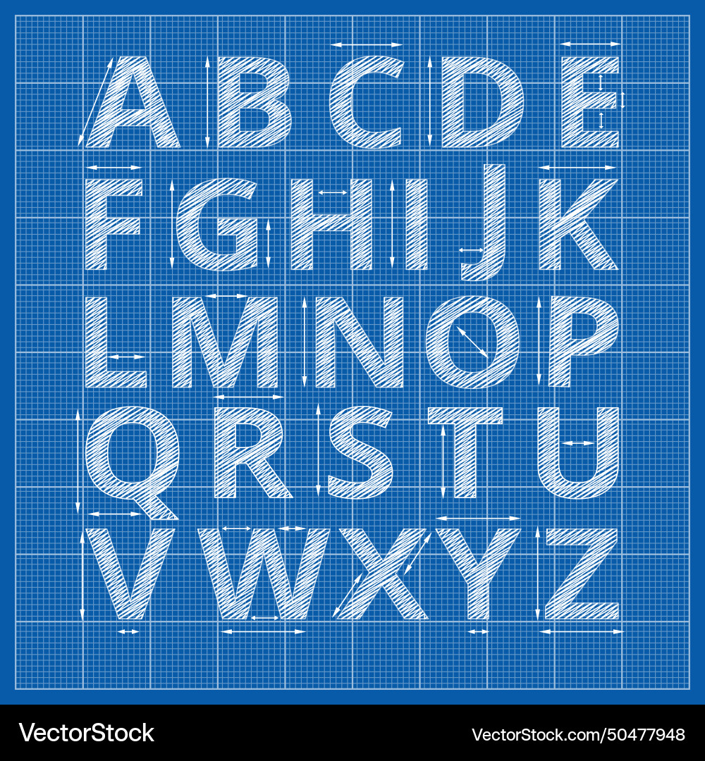 Blueprint alphabet drafting paper letters Vector Image